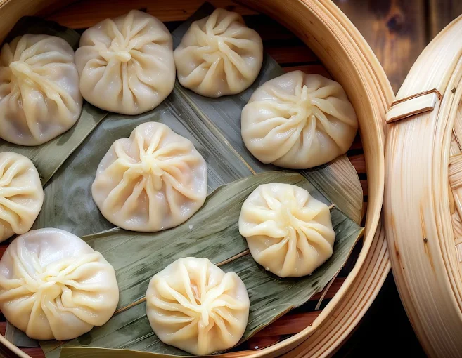 Xiao long bao appena cotti nel cestello di bambù